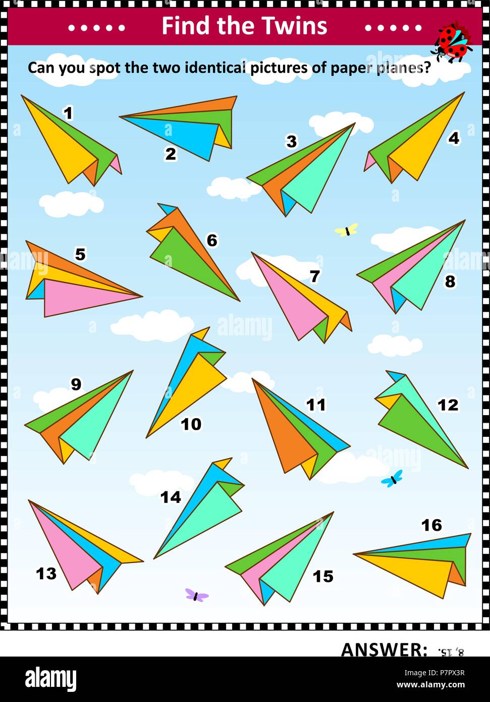 IQ training visual puzzle with colorful paper planes: Find the two ...