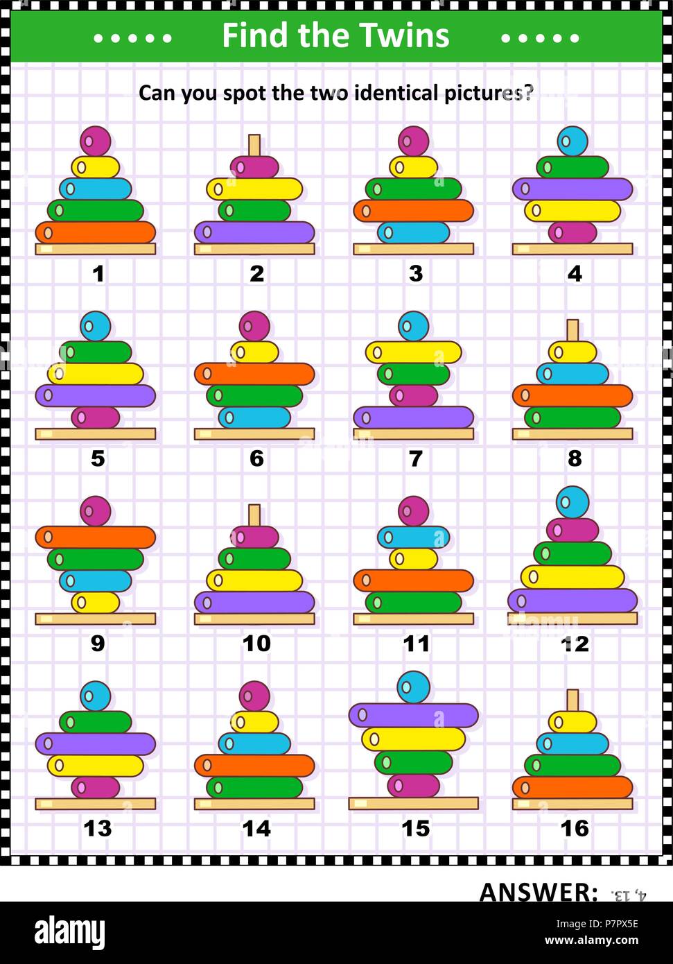 IQ training visual puzzle with colorful kites: Find the two identical ...