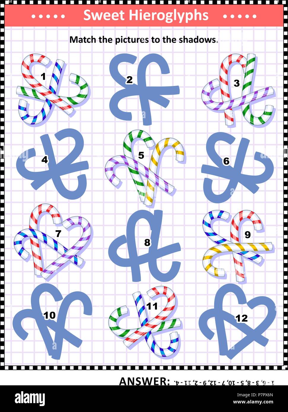 Visual puzzle: Match the pictures of candy canes to their shadows ...