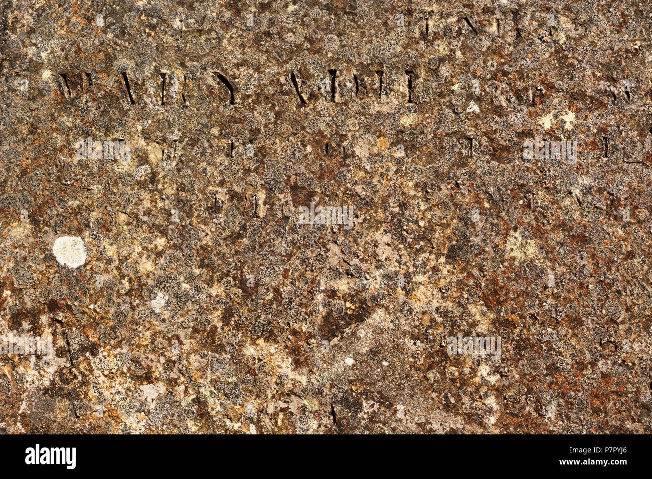Worn rusty metal surface with partly readable engraved Latin letters ...