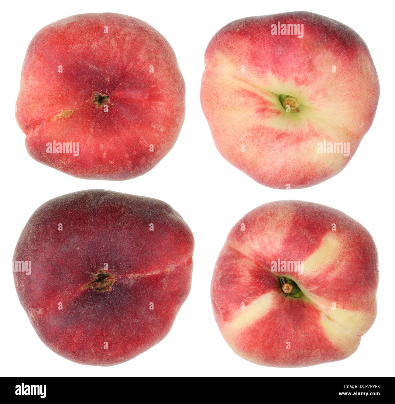 Ripe real peach fruits top view . Isolated on white studio macro set ...