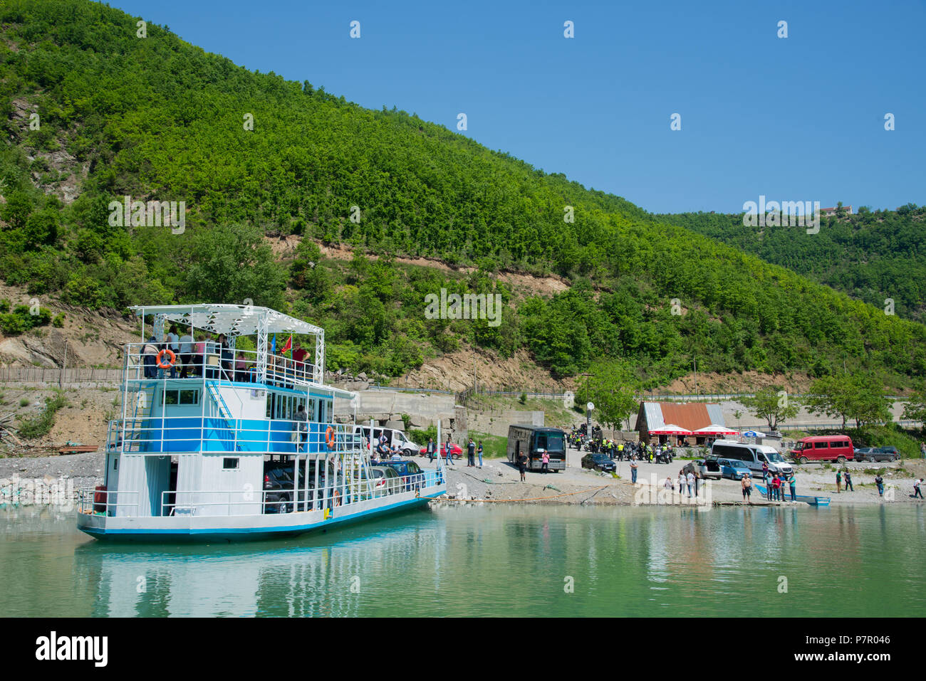 taking the boat from Fierze to Komani on the Drin river, Albania Stock ...