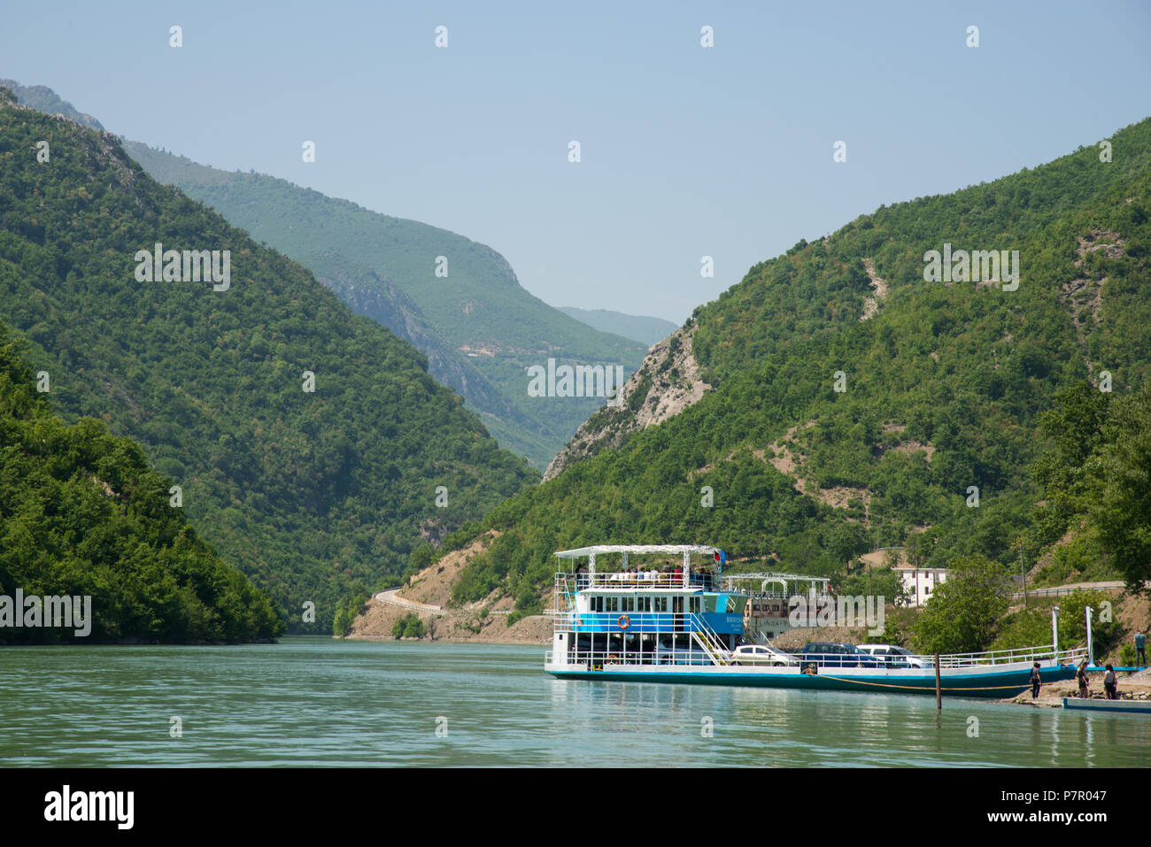 taking the boat from Fierze to Komani on the Drin river, Albania Stock ...