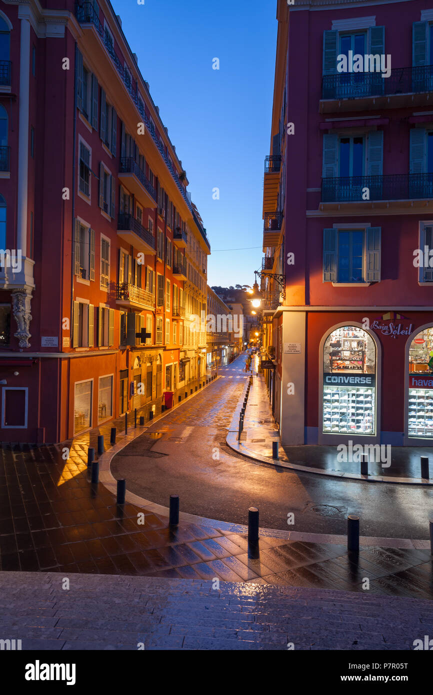 Nice city in France at dawn, houses with red facade at Rue Alexandre ...