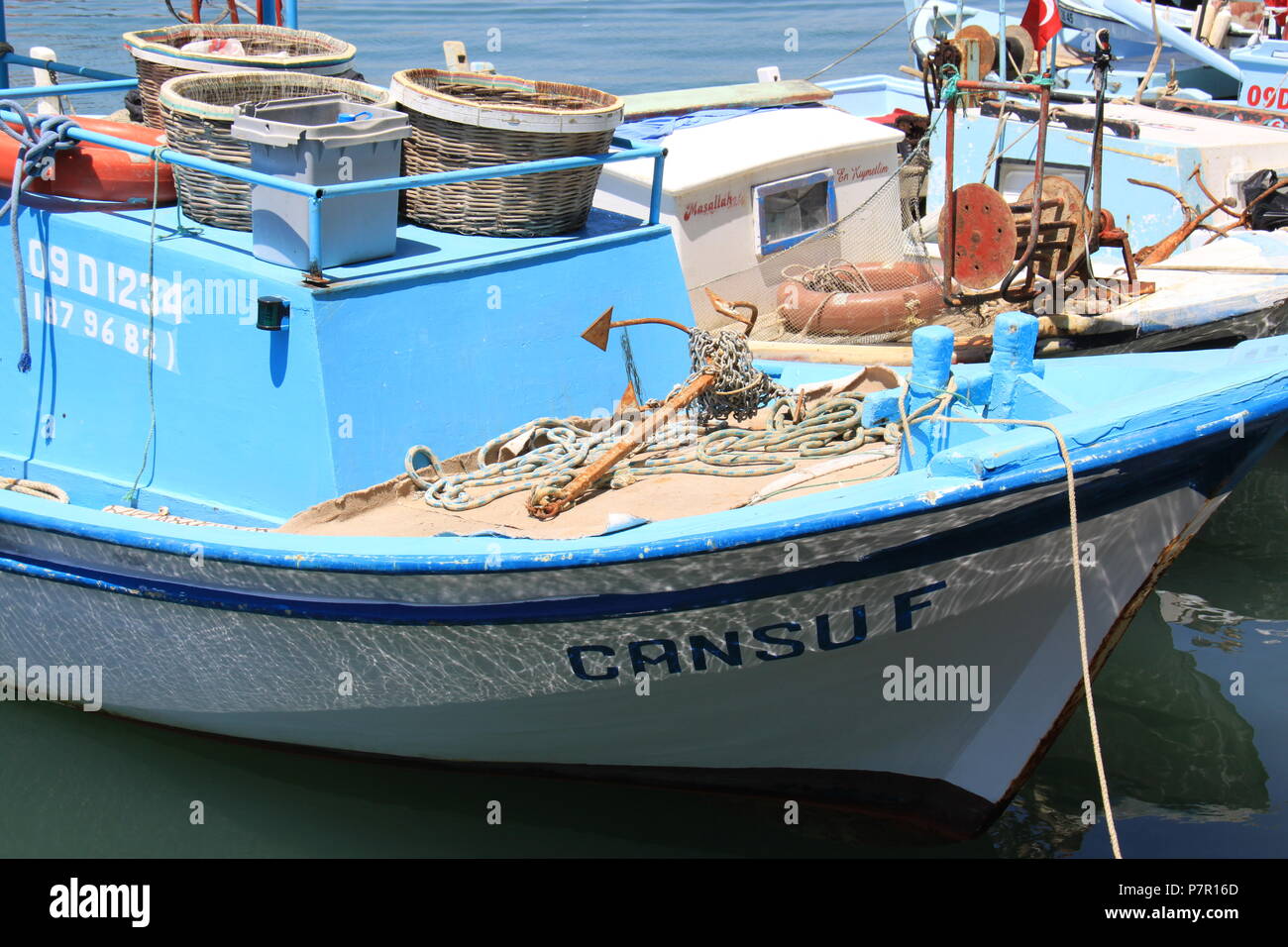 Local fishing boats moored in the harbour at Kusadasi, Aydin Province ...