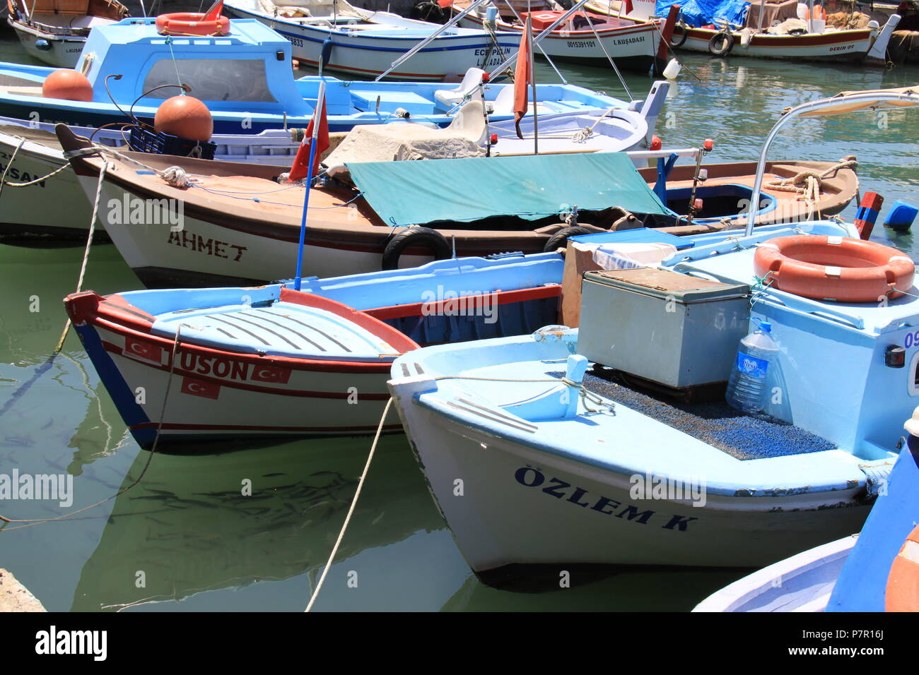 Local fishing boats moored in the harbour at Kusadasi, Aydin Province ...