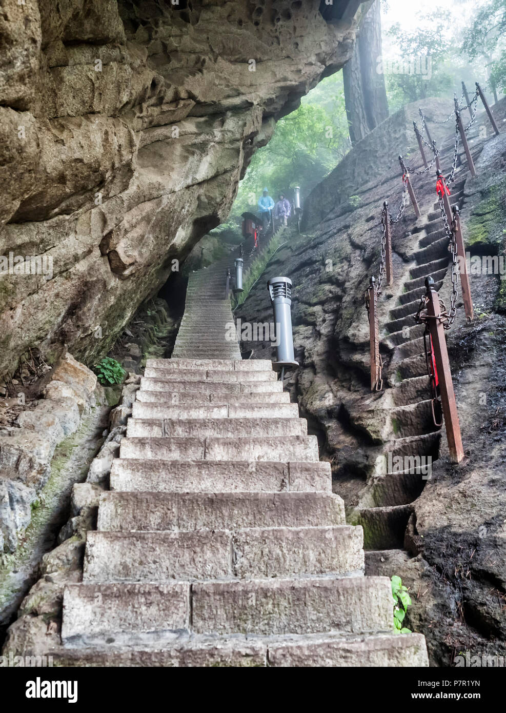 Huashan mountain stairs up view with mist and fog - Xian, Shaaxi Province, China Stock Photo - Alamy