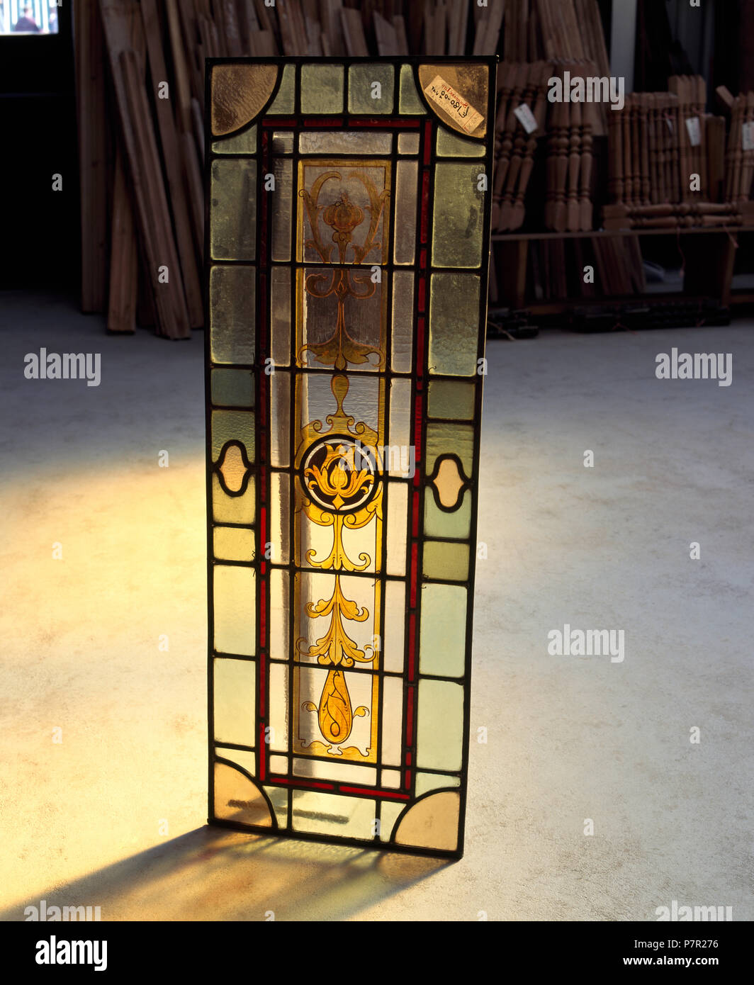 Close-up of a decorative, freestanding, stained glass window panel ...