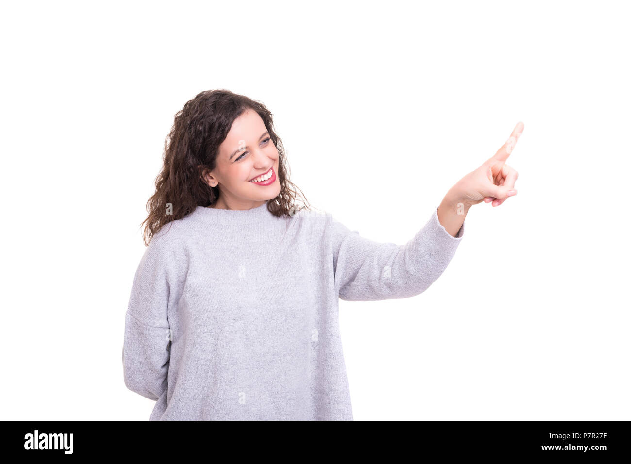 Business woman pressing key, isolated over white Stock Photo - Alamy