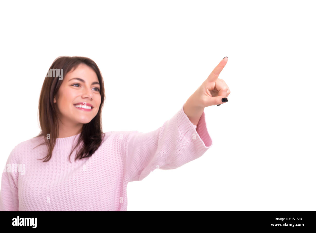 Business woman pressing key, isolated over white Stock Photo - Alamy
