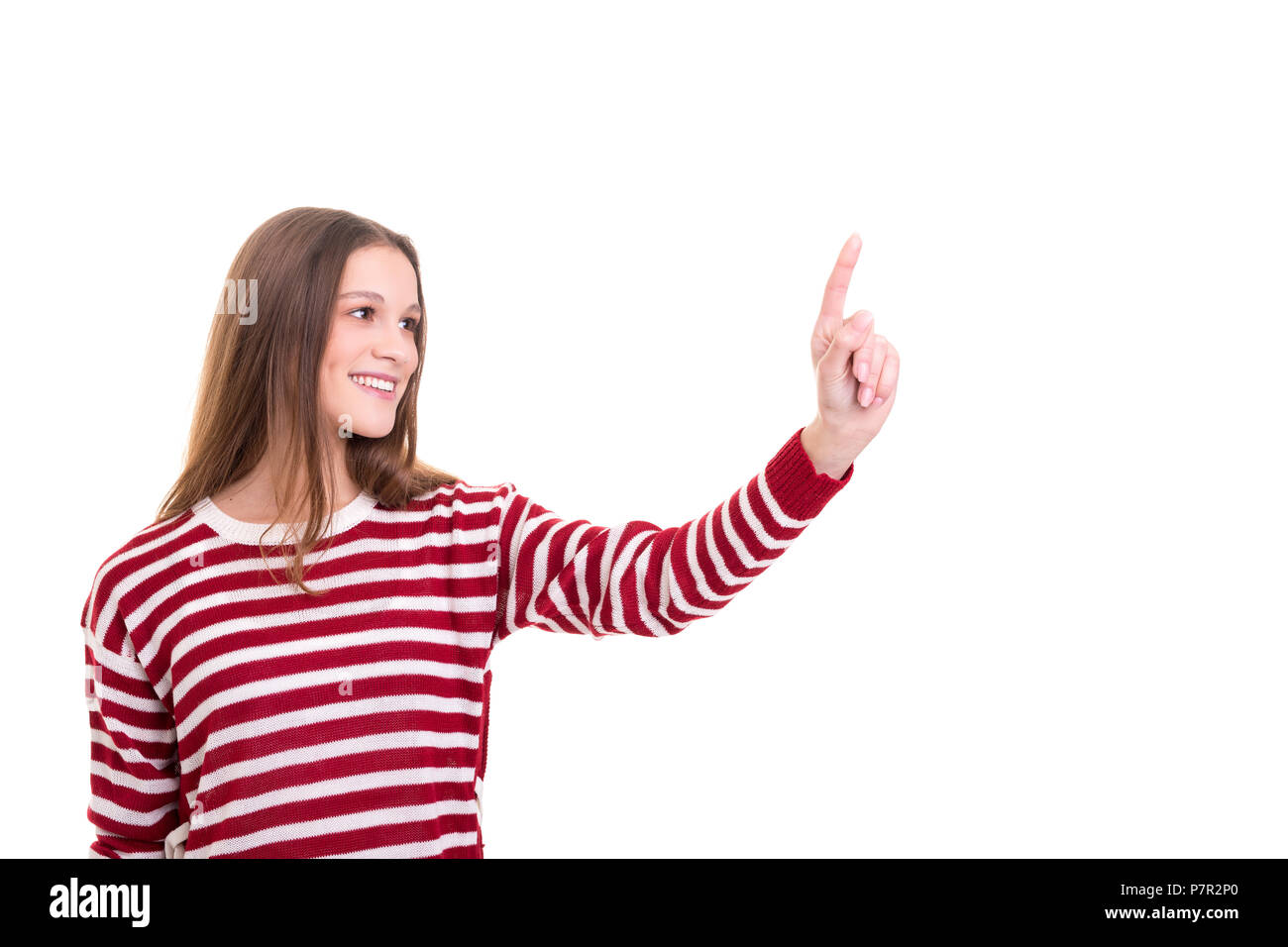 Business woman pressing key, isolated over white Stock Photo - Alamy