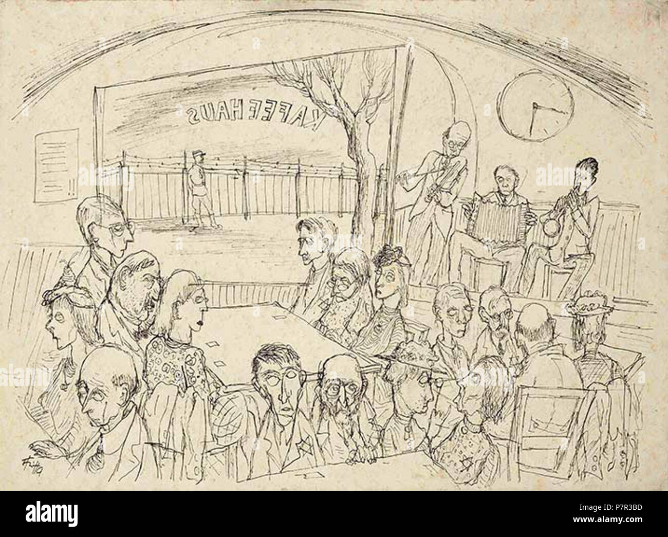 Ink drawing from the Theresienstadt ghetto . 1943 226 Kaffeehaus ...