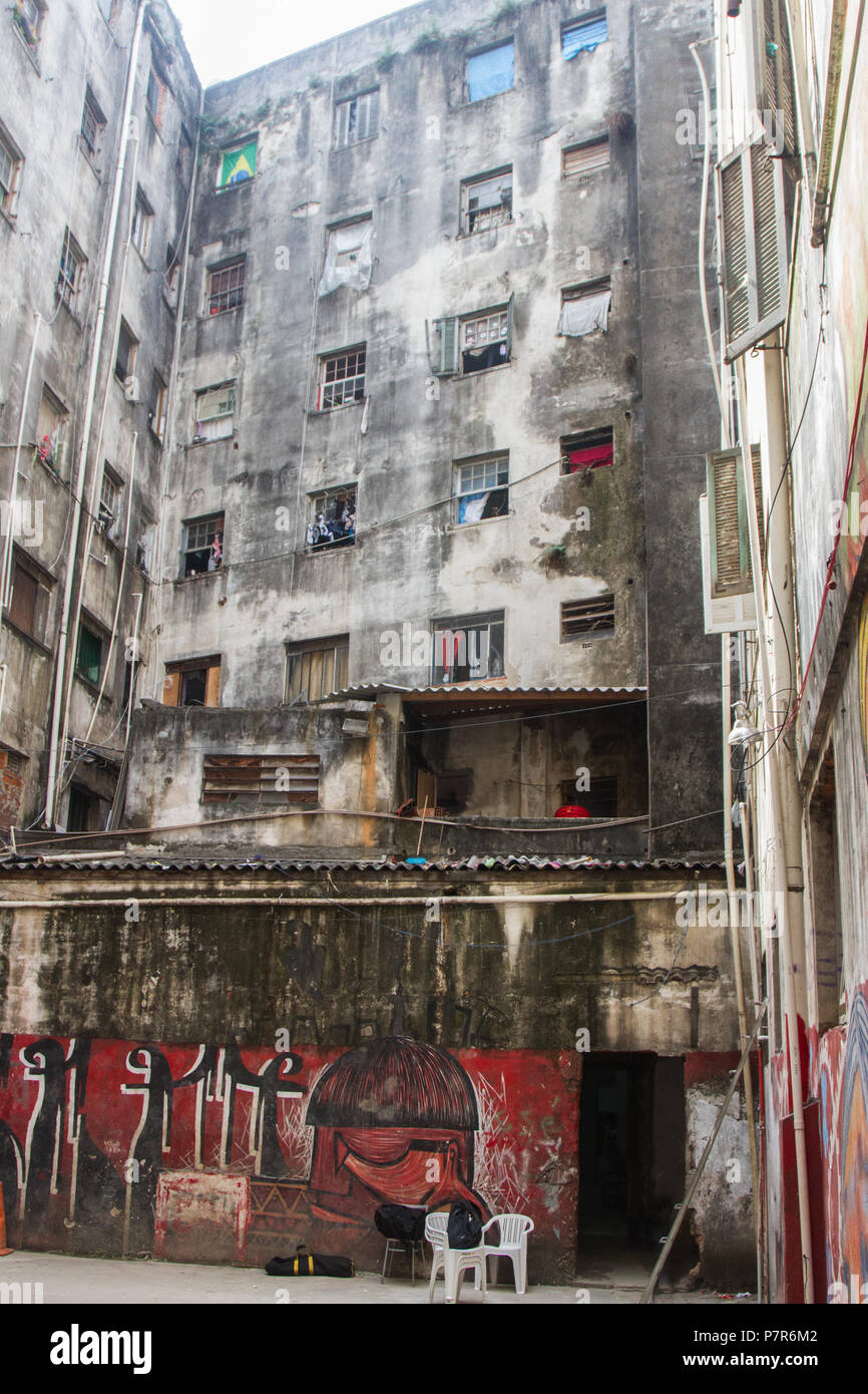 Low angle view of an internal pavilion of a ruined building with shabby ...