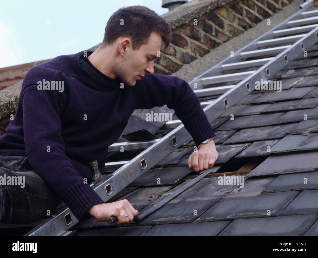 Man on ladder replacing roof slate FOR EDITORIAL USE ONLY Stock Photo ...