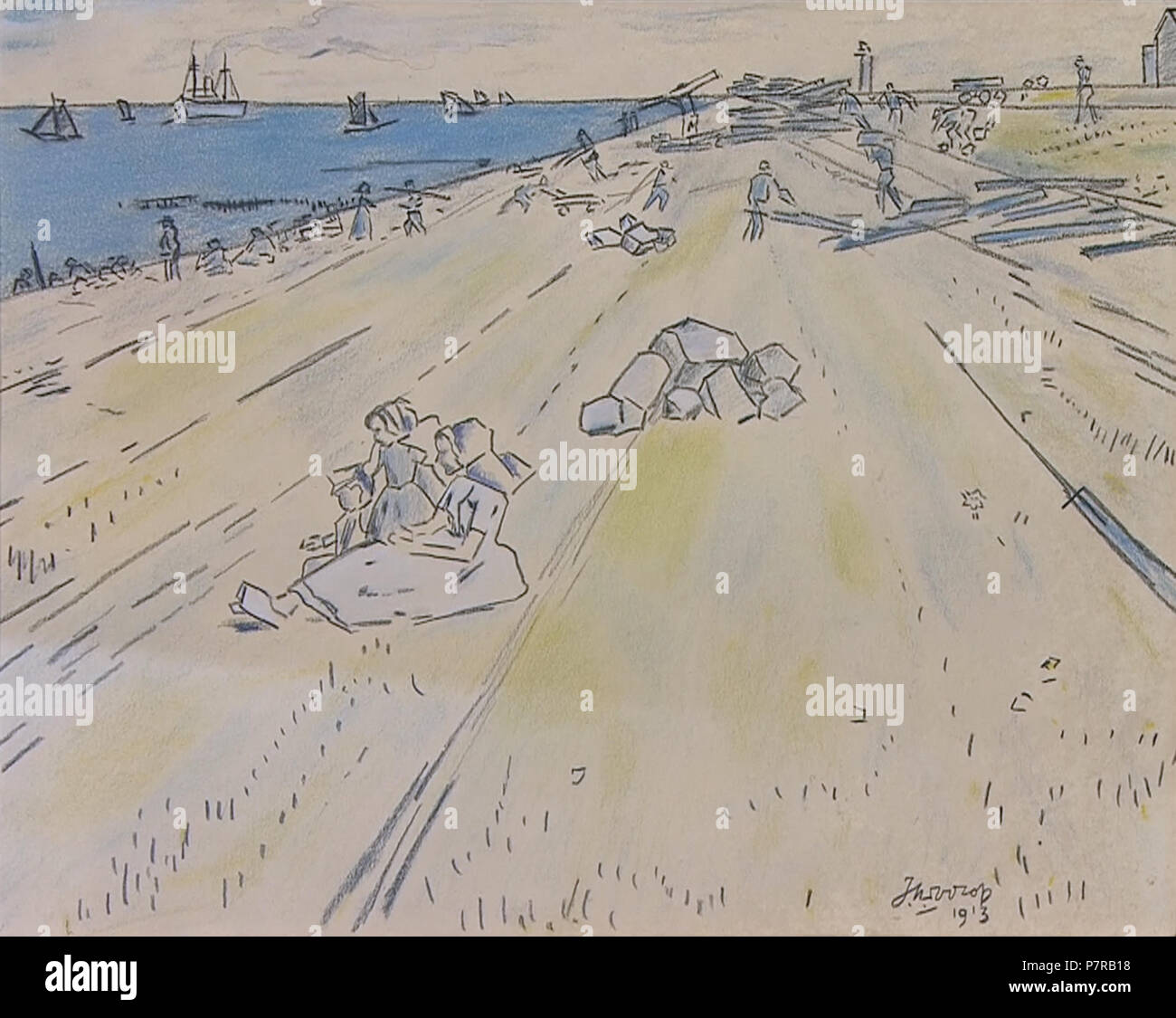 English: Dike of Westkapelle drawing signed b.r.: JToorop / 1913 . 1913 ...