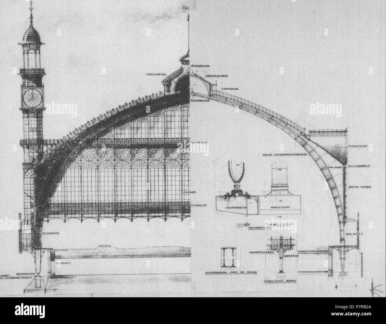 English: Detailed construction sketch; cross-section of the railway ...
