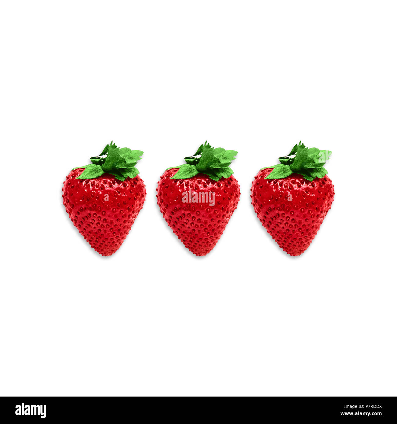 Strawberry Top view Three large ripe strawberries are lying in a row on ...