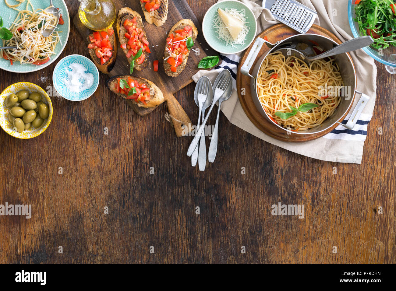 Italian pasta and snacks on wooden table with border, top view Stock ...