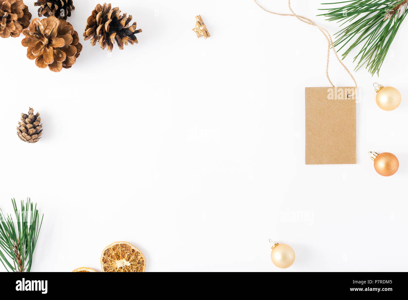 Frame of price tag and decorations on white background. Christmas ...