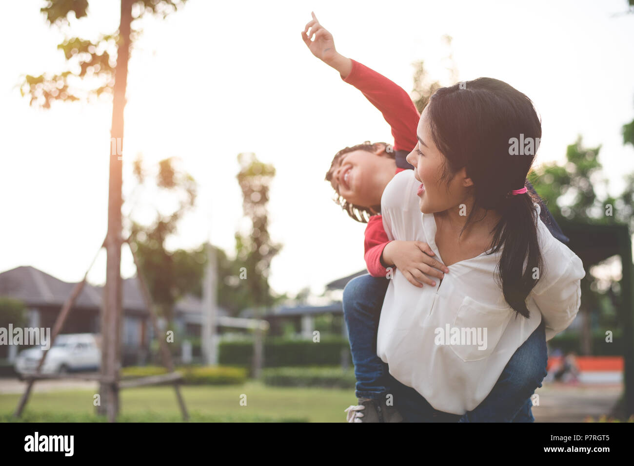Mom hug and carry her son. Preparing to send her children back to ...