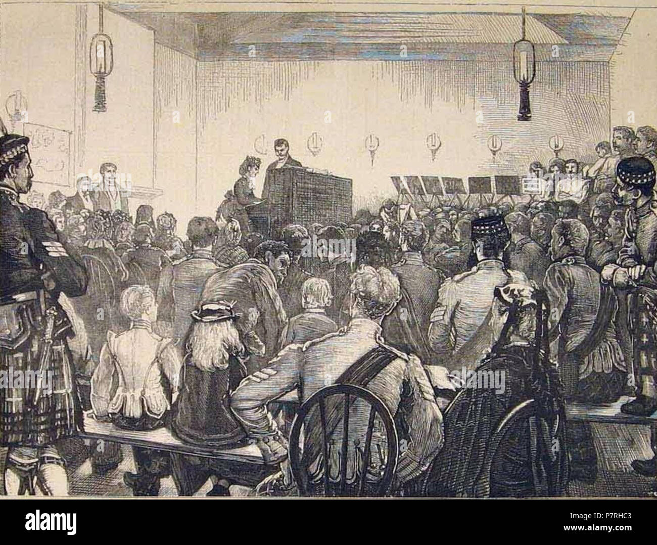 English: Engraving from The Graphic, 1871. A penny reading at the ...