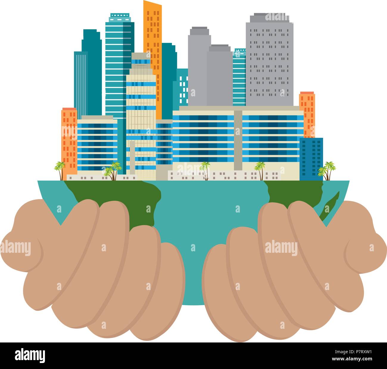 hands lifting half world with buildings Stock Vector Image & Art - Alamy