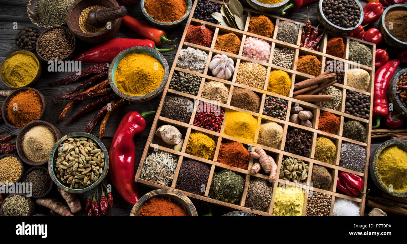 Close-up of different types of Assorted Spices in a wooden box Stock ...