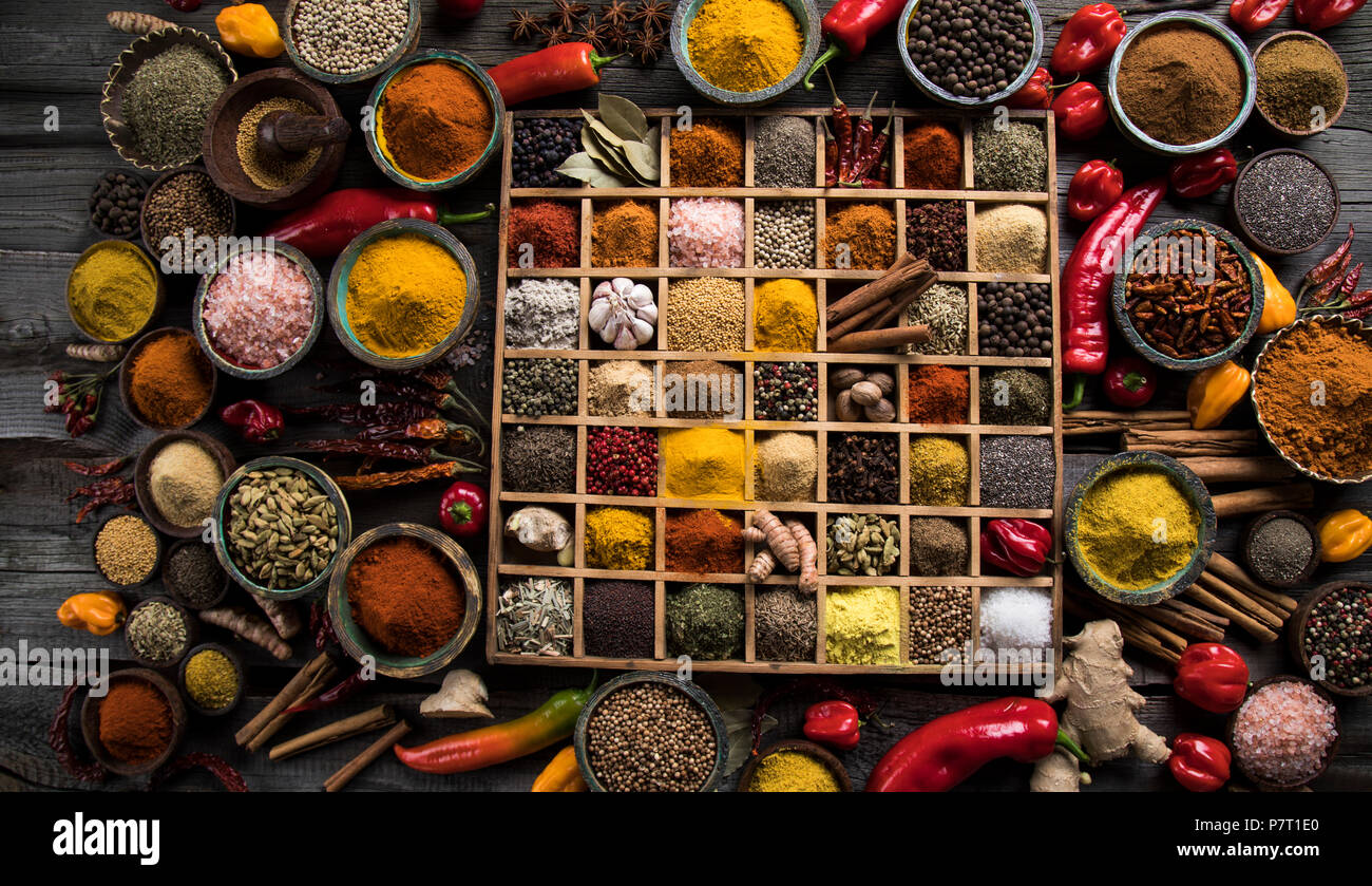 Close-up of different types of Assorted Spices in a wooden box Stock ...