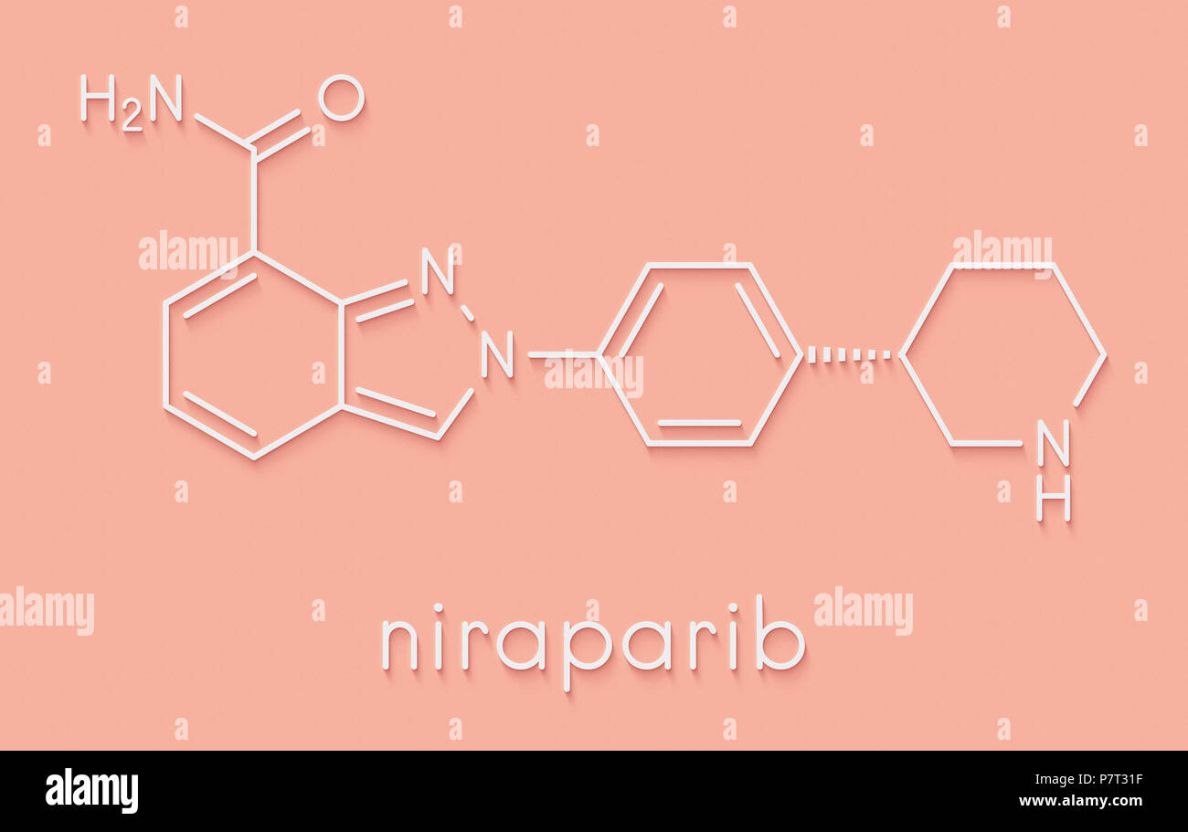 Niraparib cancer drug molecule (PARP inhibitor). Skeletal formula Stock ...