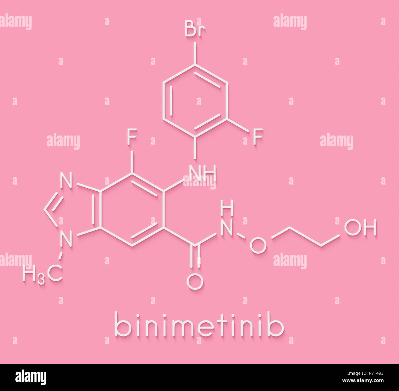 Binimetinib cancer drug molecule (MEK inhibitor). Skeletal formula ...