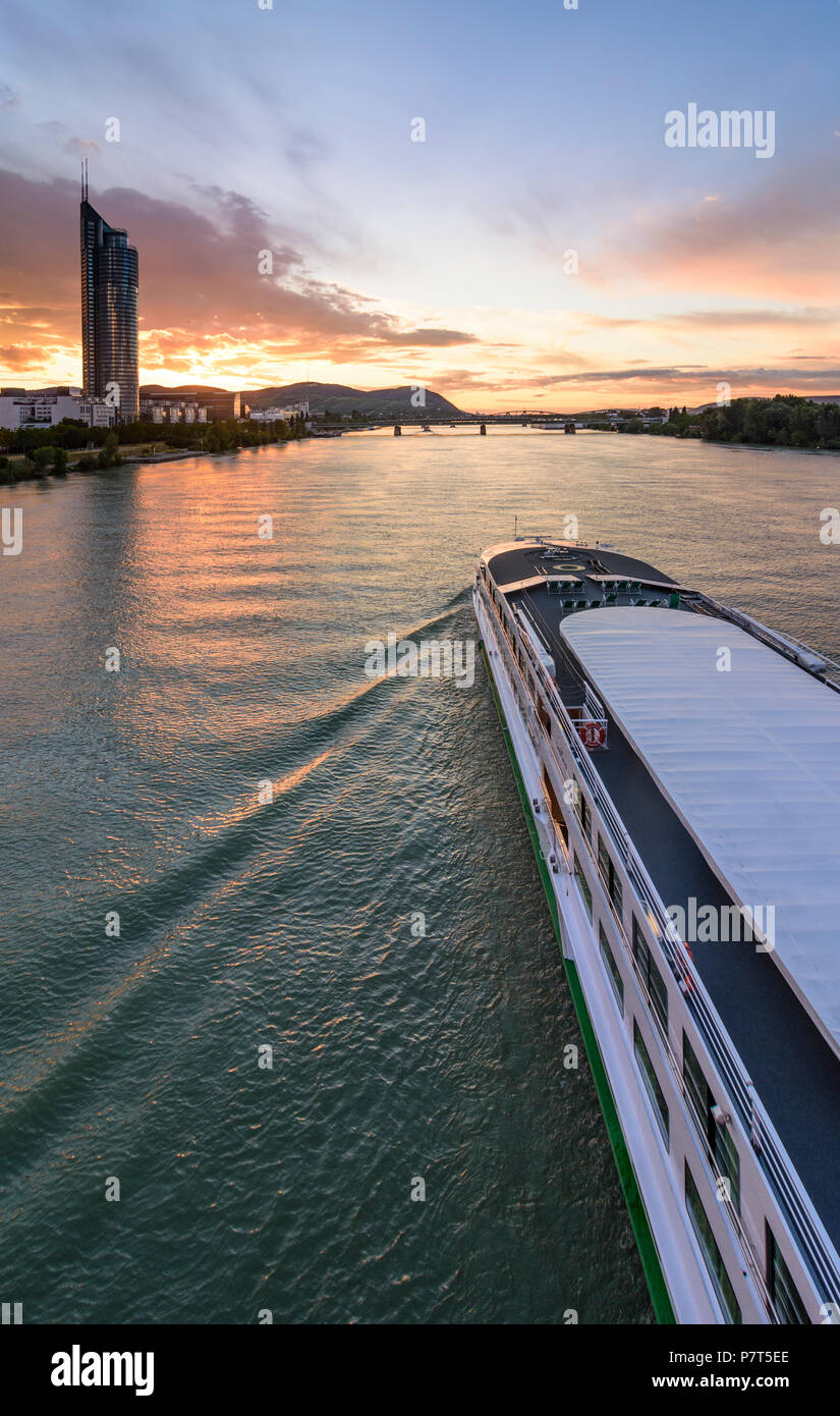 Wien, Vienna: river Danube, Millennium Tower, cruise ship, Wienerwald ...