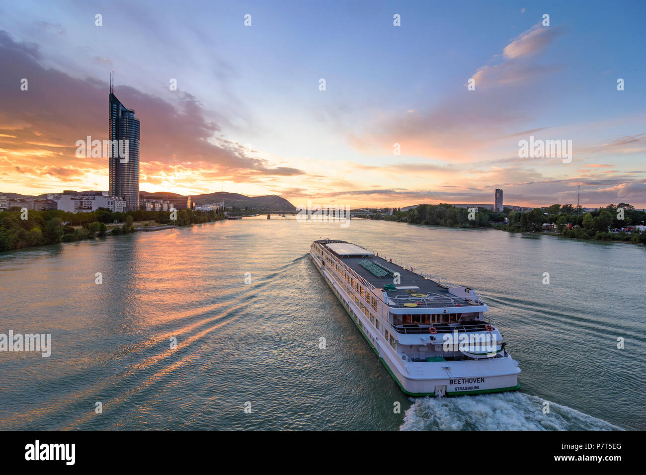 Wien, Vienna: river Danube, Millennium Tower, cruise ship, Wienerwald ...