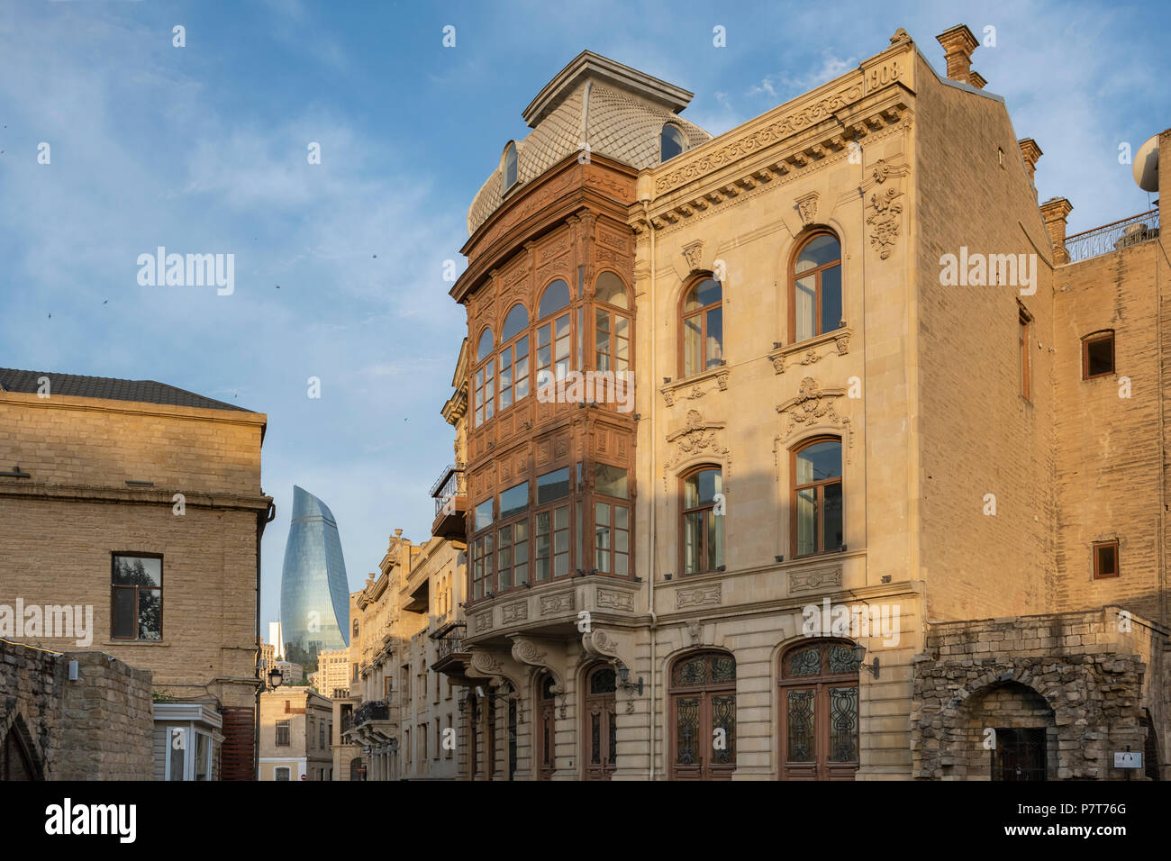 Elegant buildings and The Flame Towers in Baku,Azerbaijan Stock Photo ...