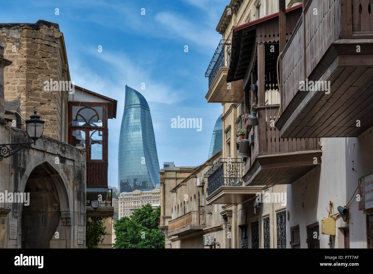 Elegant buildings and The Flame Towers in Baku,Azerbaijan Stock Photo ...