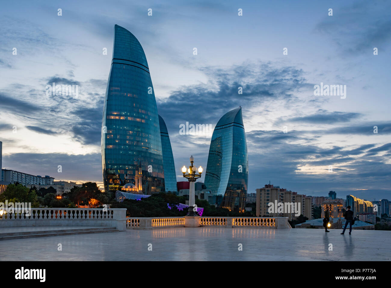 The Flame Towers at night from the Dagustu Park in Baku,Azerbaijan ...