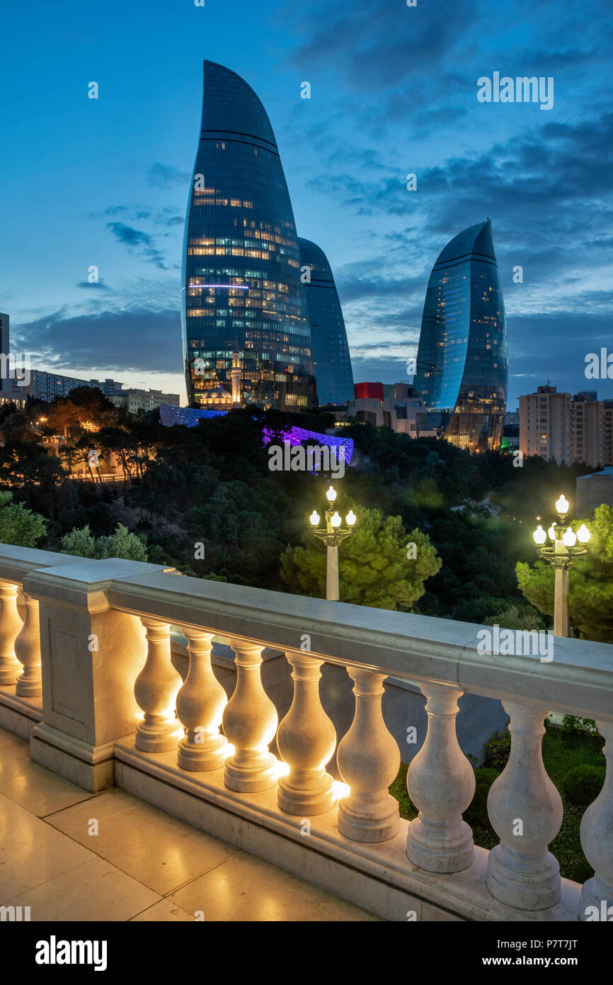 The Flame Towers at night from the Dagustu Park in Baku,Azerbaijan ...