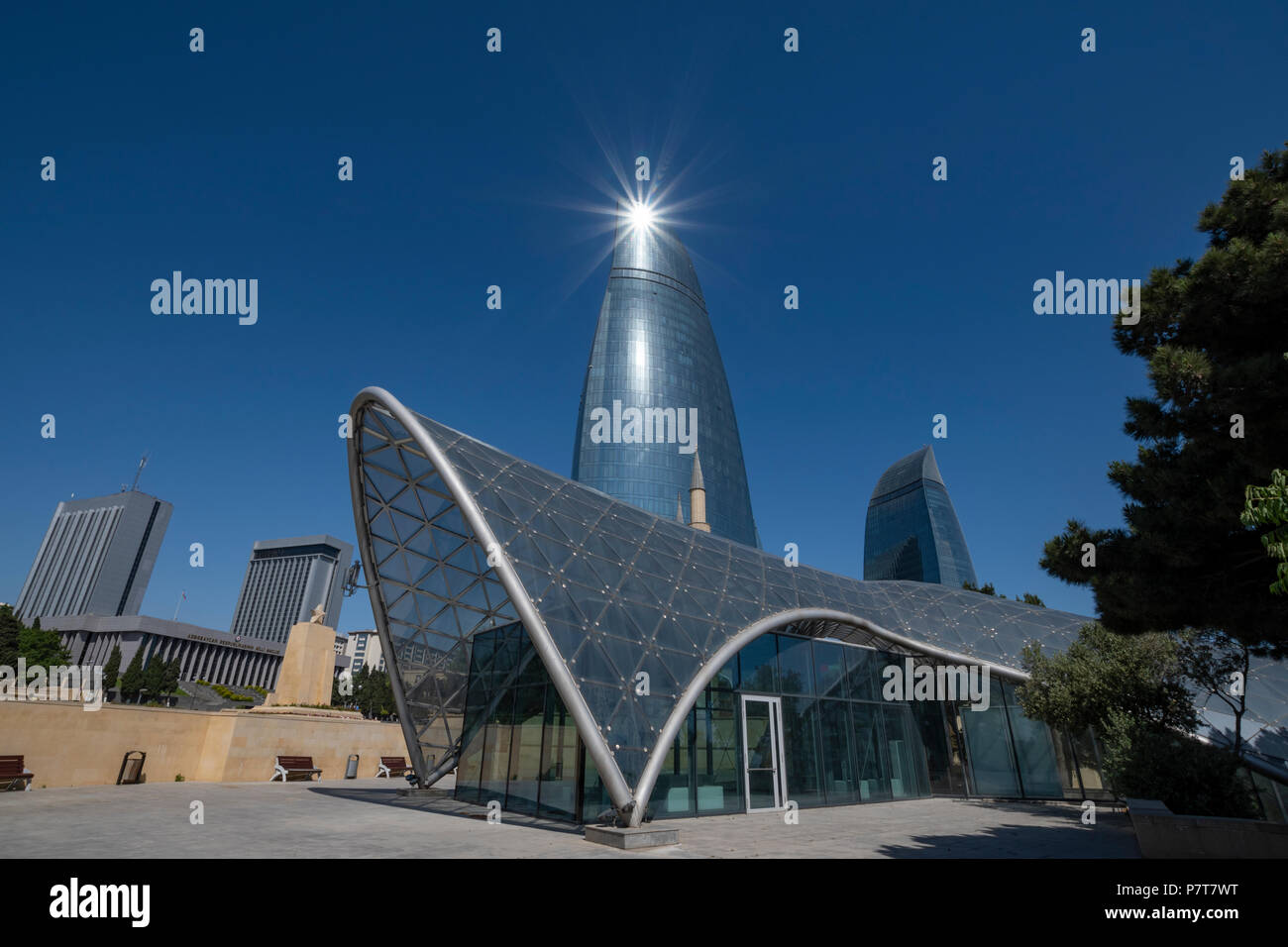 The Flame Towers,Funicular station and Sehidler Xiyabani Mosque in Baku ...