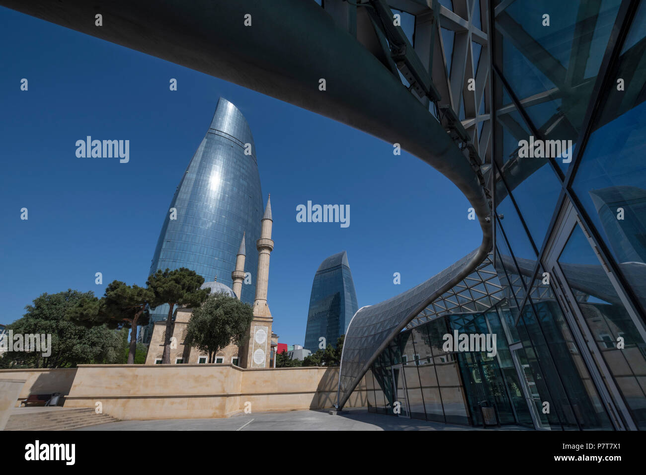 The Flame Towers,Funicular station and Sehidler Xiyabani Mosque in Baku ...