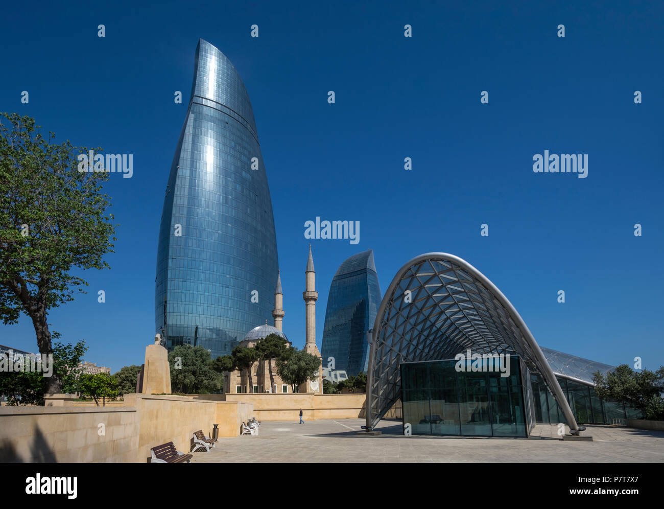 The Flame Towers,Funicular station and Sehidler Xiyabani Mosque in Baku ...