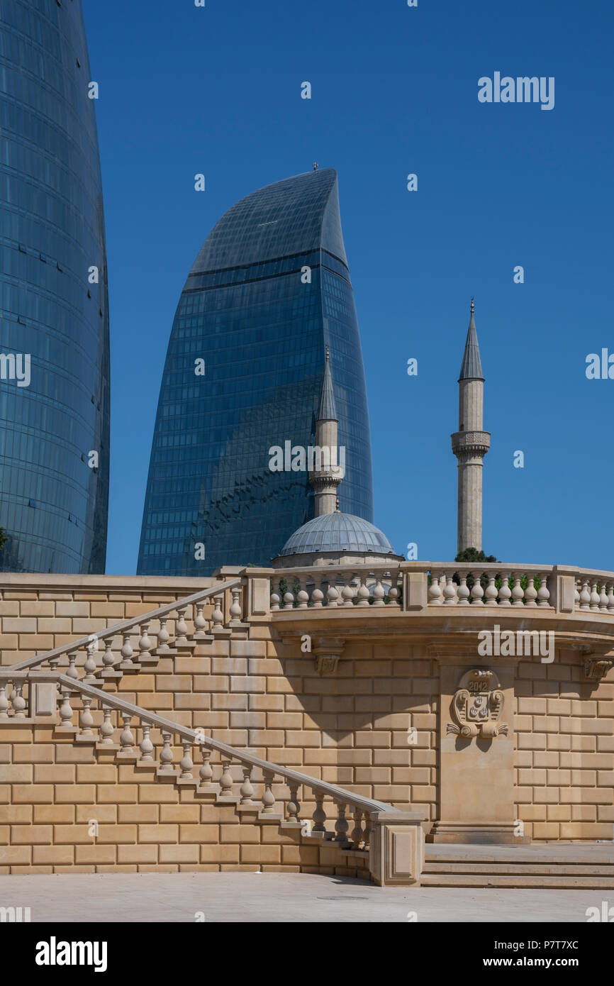 The Flame Towers and Sehidler Xiyabani Mosque in Baku,Azerbaijan Stock ...