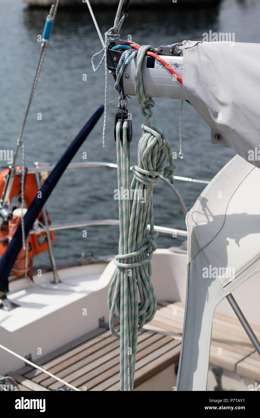 Rigging of deep-sea sailboats. Sailing accessories on a yacht. Season ...
