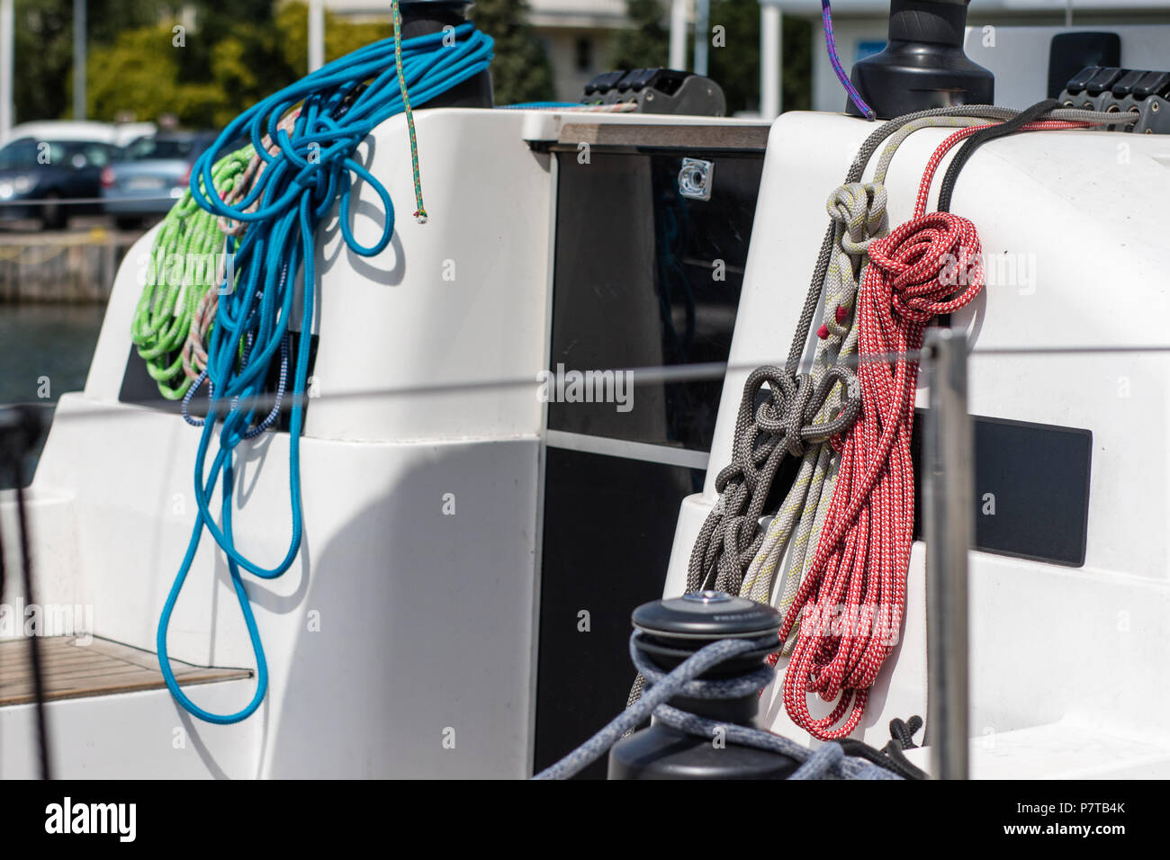 Rigging of deep-sea sailboats. Sailing accessories on a yacht. Season ...