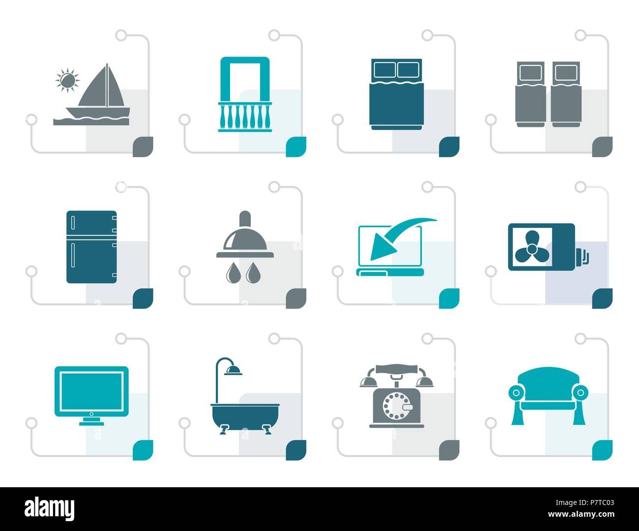 Stylized Hotel and motel room facilities icons - vector icon set Stock ...