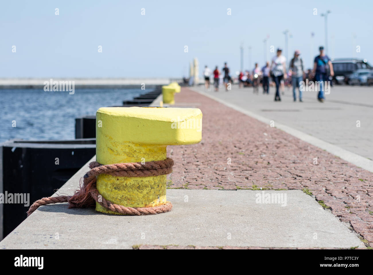Harbor bollard for large naval vessels. The port wharf in central ...