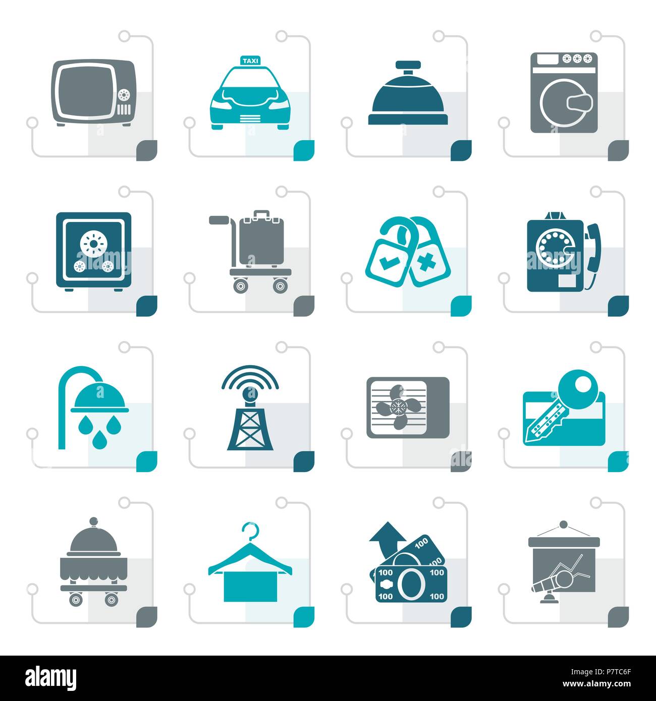 Stylized Hotel and motel room facilities icons - vector icon set Stock ...