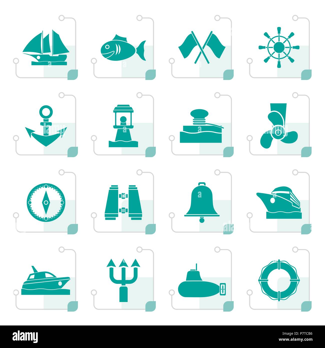 Stylized Marine, sea and nautical icons - vector icon set Stock Vector ...
