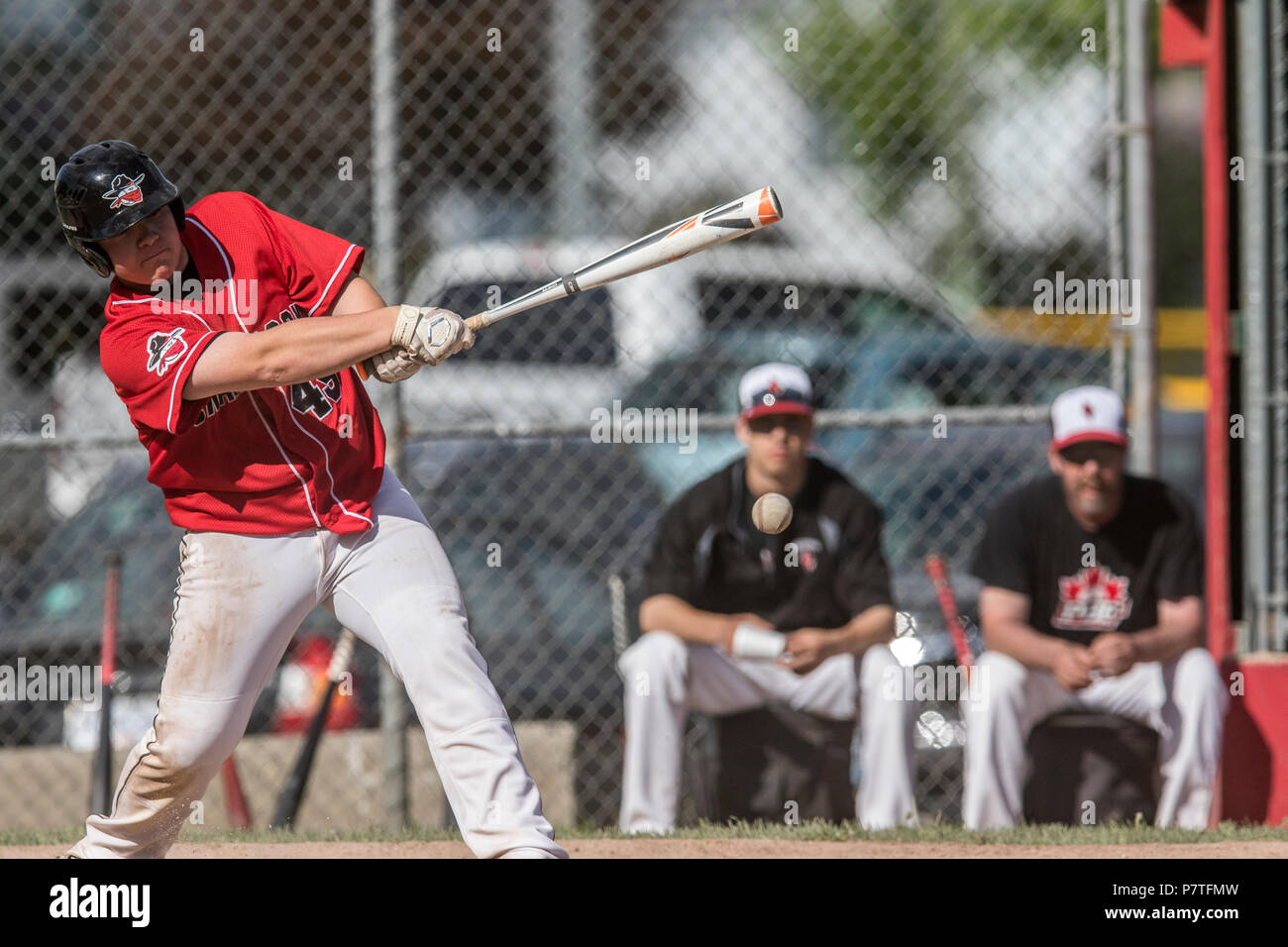 Batter hitting baseball, boys afternoon junior baseball game. Cranbrook ...
