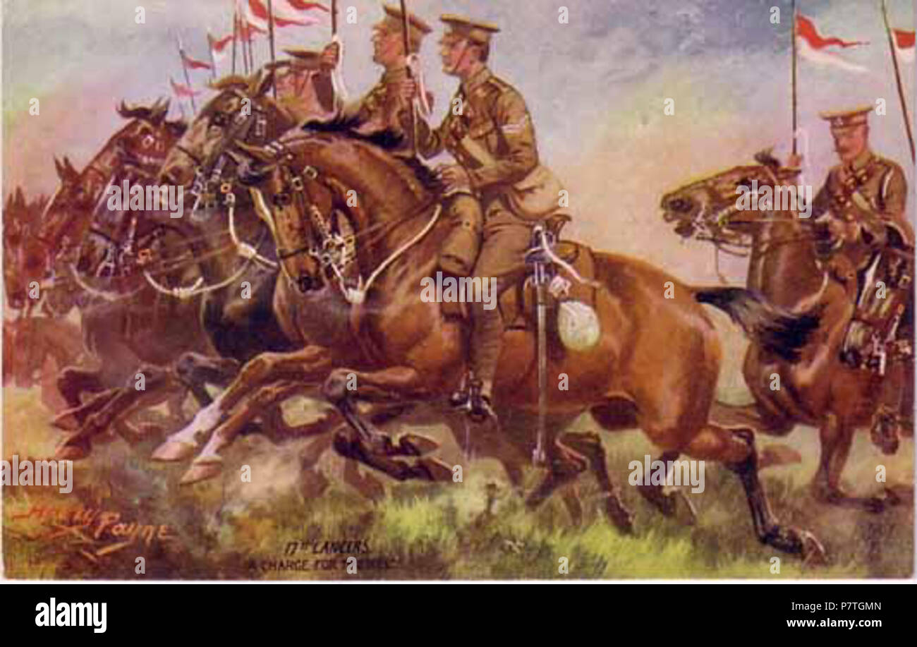 English: 17th Lancers advancing. They wear the type of uniform they'd ...