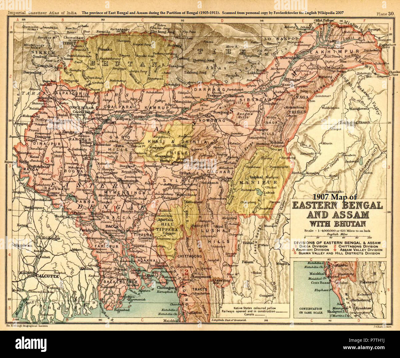 English: 1907 Map showing East Bengal and Assam . 1907 5 1907-east ...