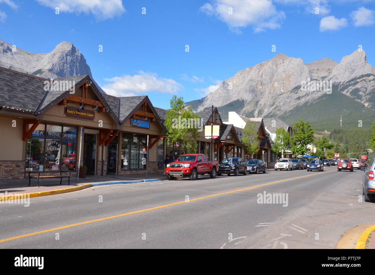 CANMORE, AB / CANADA - JULY 22, 2017: Canmore, whose 8 Street is shown ...